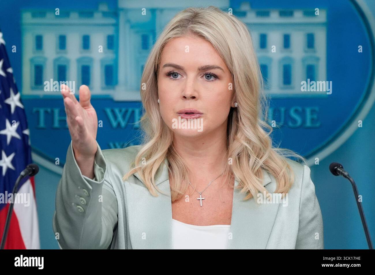 White House press secretary Karoline Leavitt speaks with reporters in the James Brady Press ...