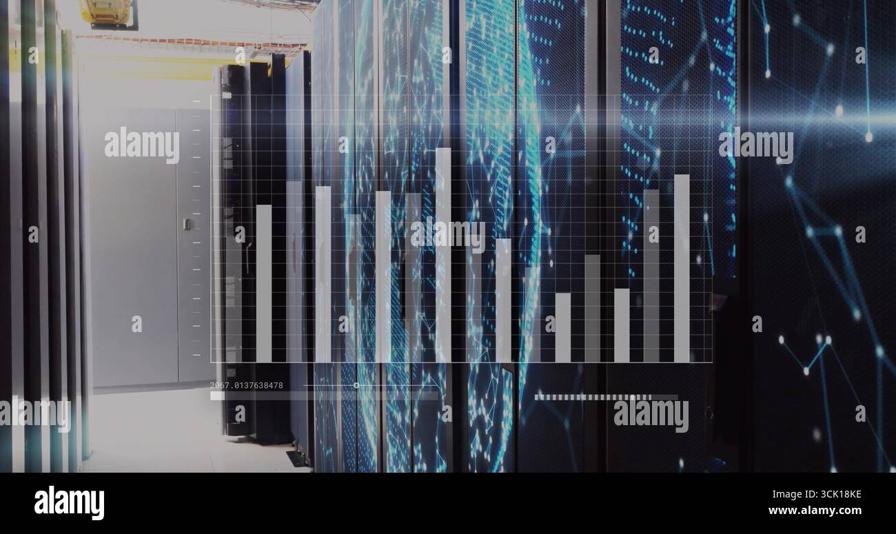 Lighting server racks showing holographic bar chart and floating data ...