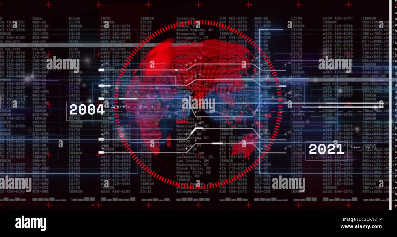 Displaying red world map encircled by HUD target on virtual dashboard, with timeline years and ...