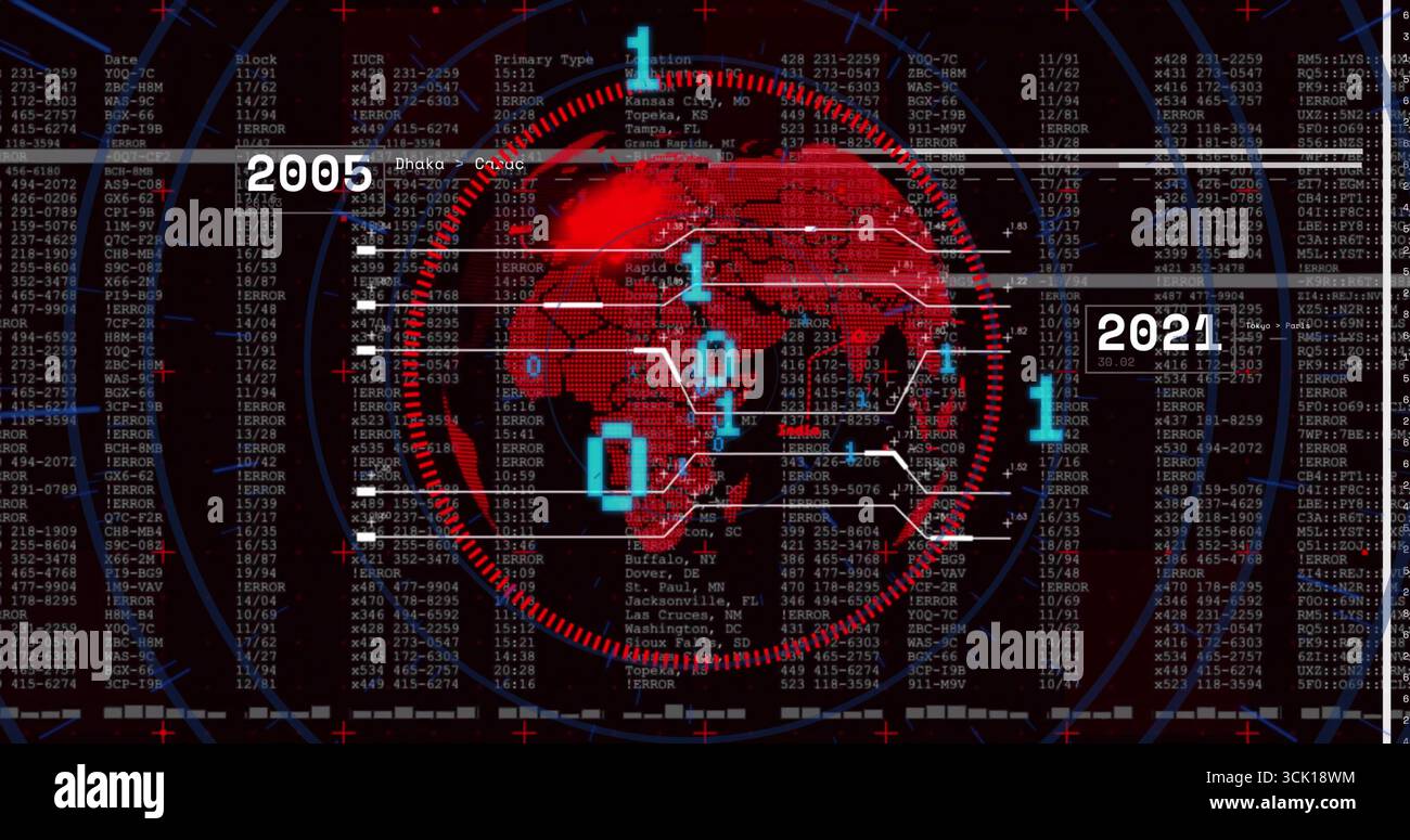 Projecting red world map in console, with HUD binary digits connection lines date labels Stock ...
