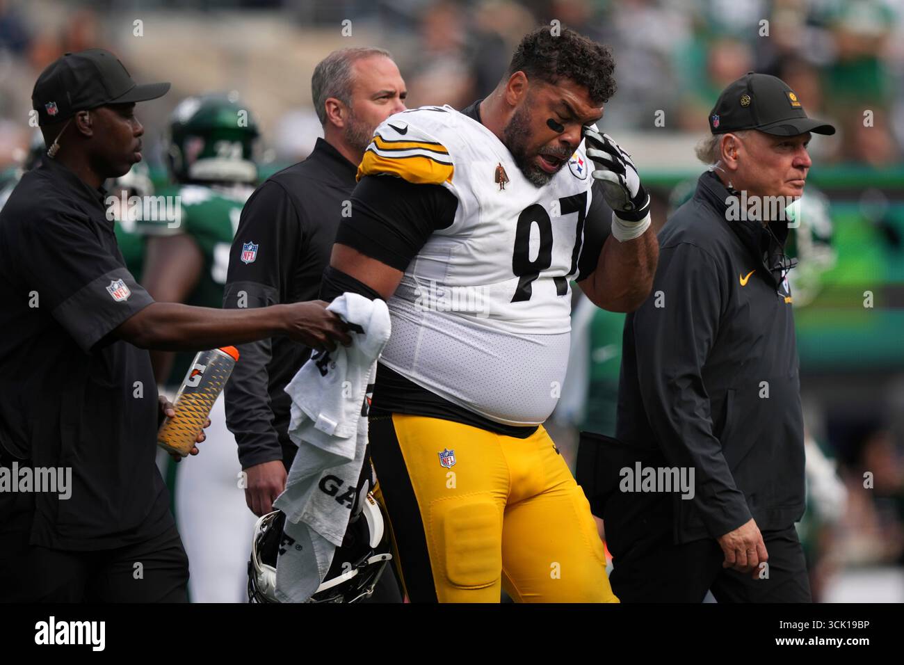 Pittsburgh Steelers' Cameron Heyward walks off the field after an ...