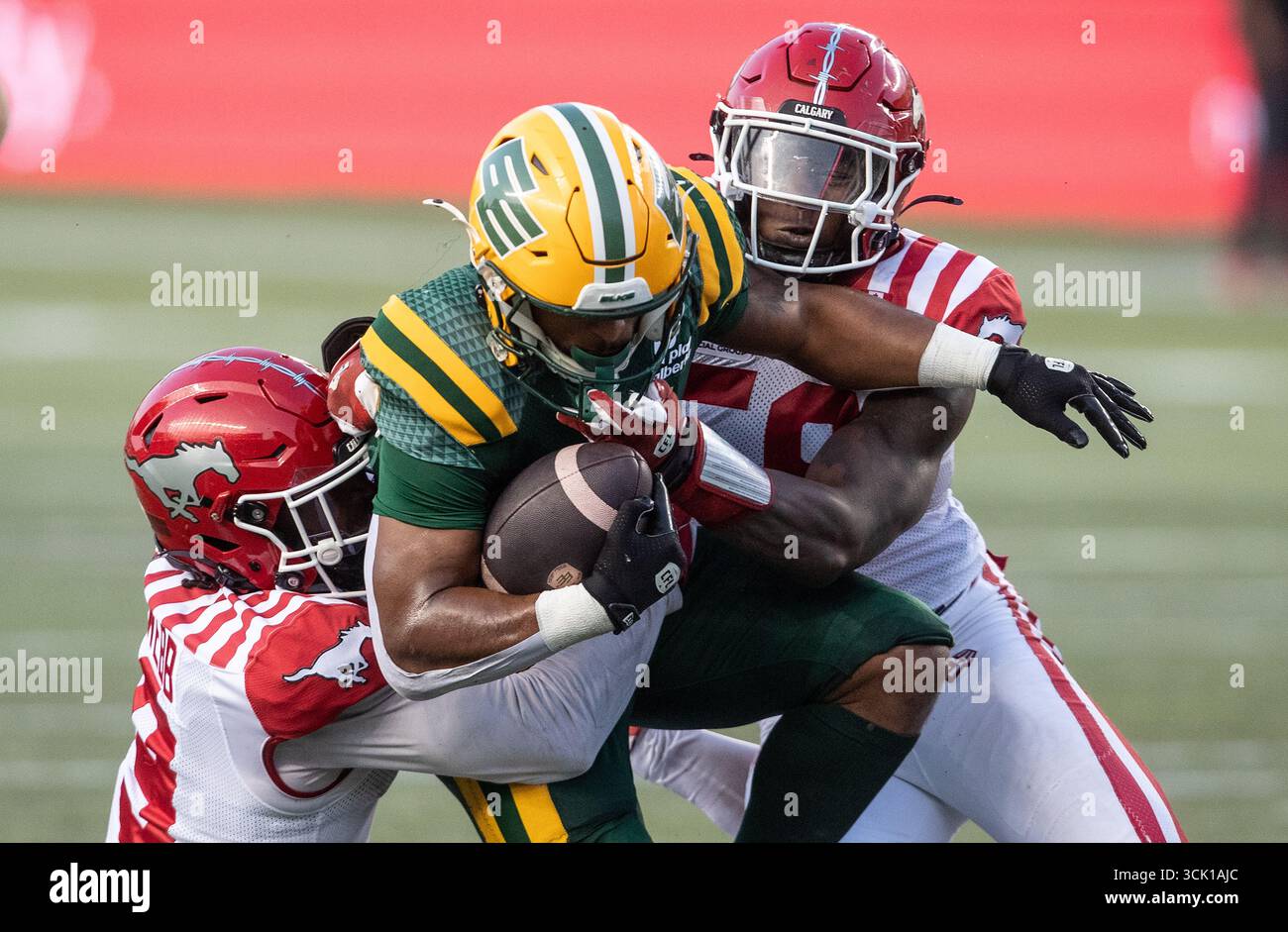 Calgary Stampeders' Damon Webb (9) and Shaun Peterson Jr. (58) tackle ...