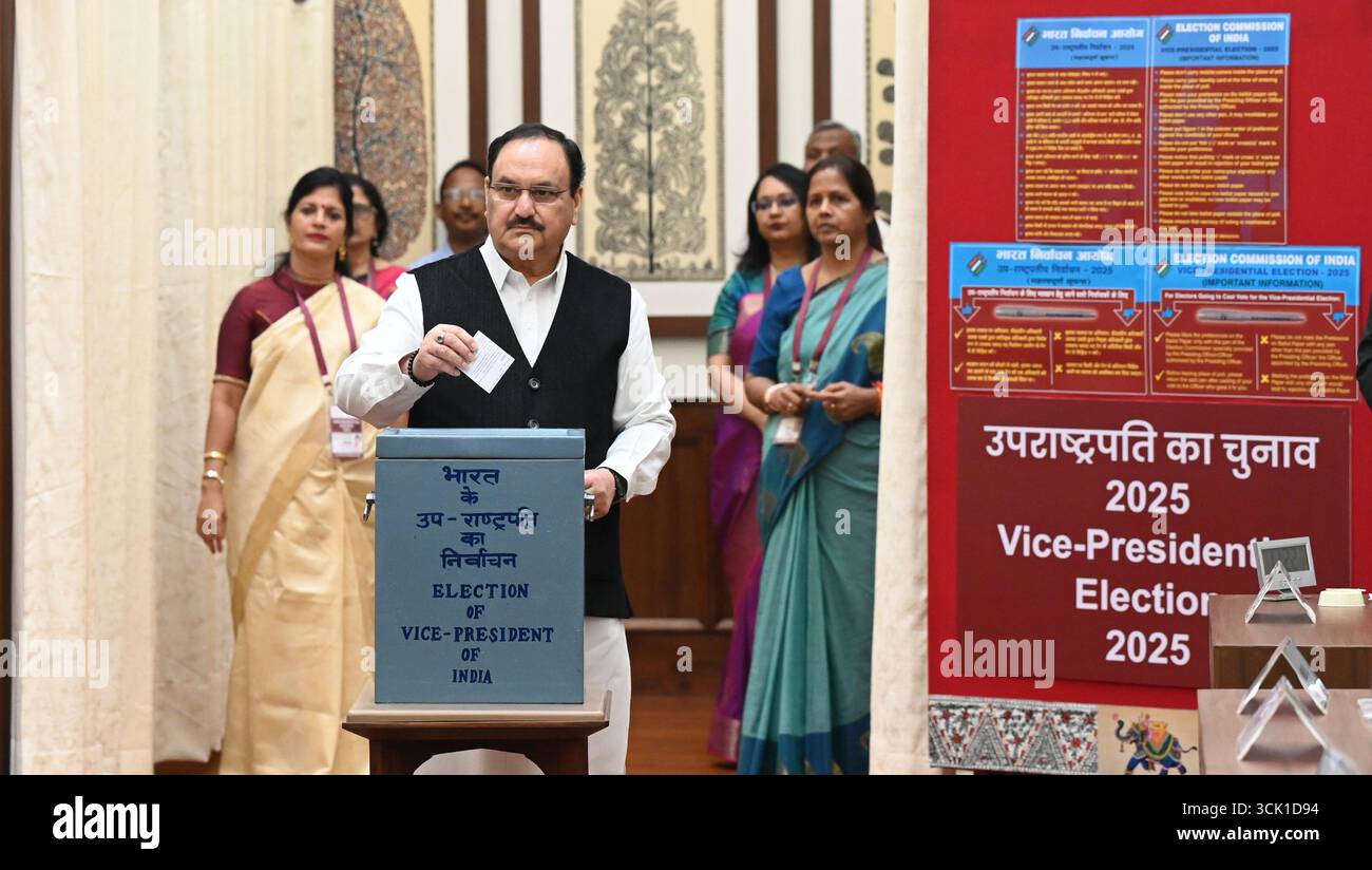 NEW DELHI, INDIA - SEPTEMBER 9: BJP National President JP Nadda casts his vote for the Vice ...