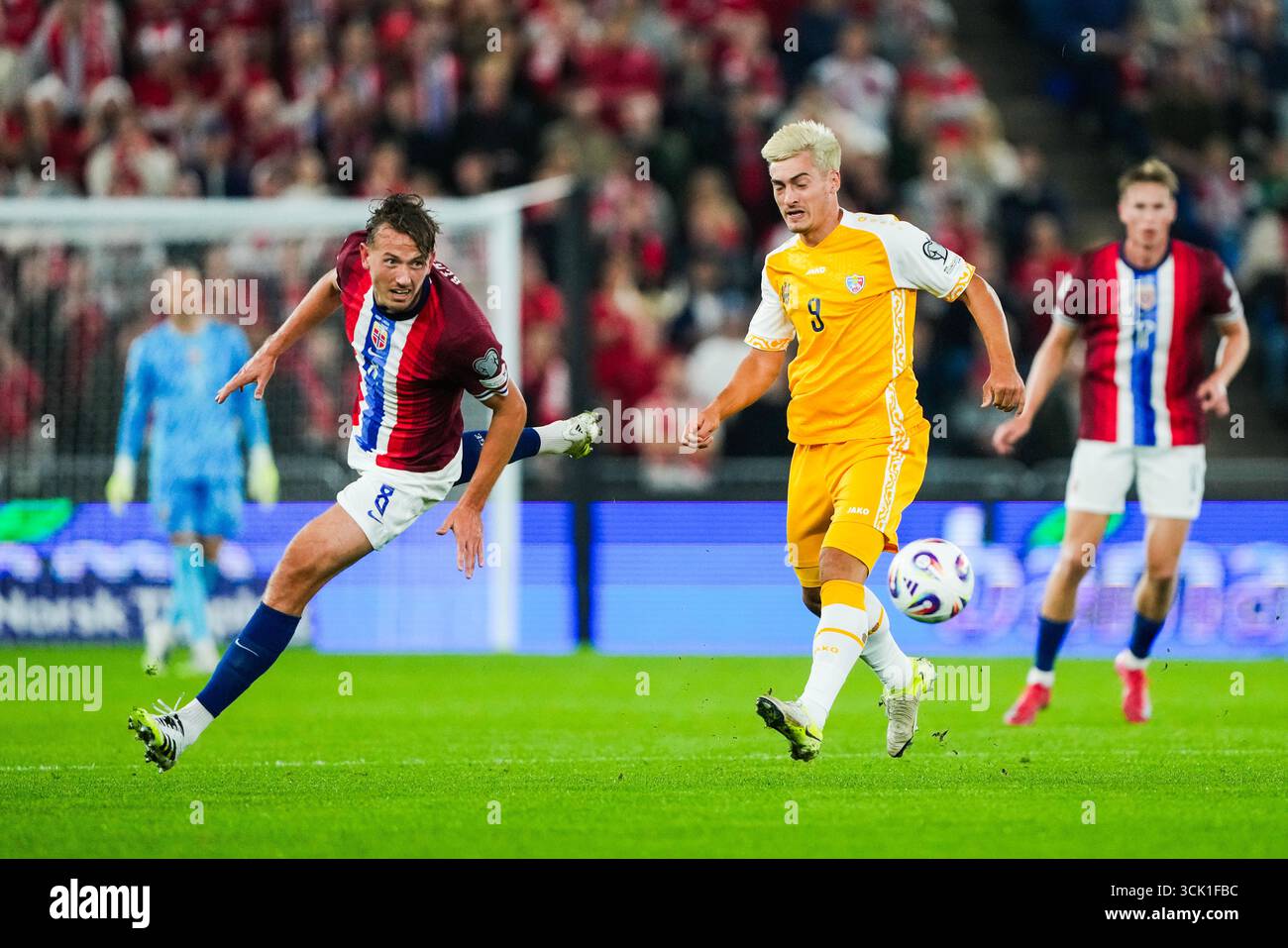 Oslo 20250909. Norway's Sander Berge and Moldova's Victor Bogaciuc ...