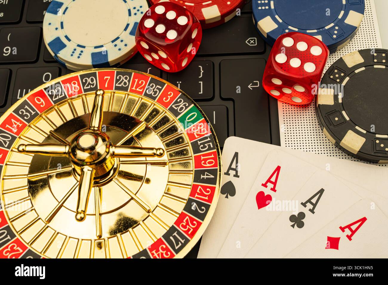 A vibrant collage featuring a spinning roulette wheel, scattered ...