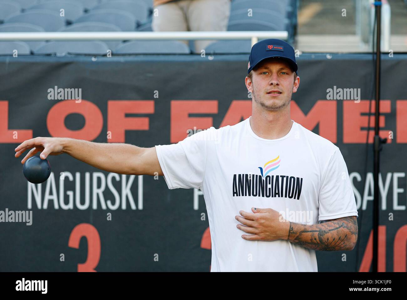 Chicago Bears quarterback Tyson Bagent (17) warms up before an NFL ...