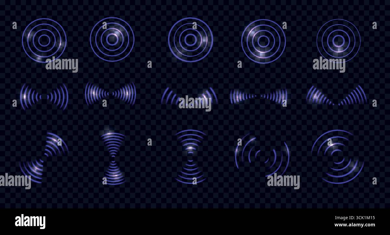 Purple neon radar signals and sonic waves. A vector set of radial light ...