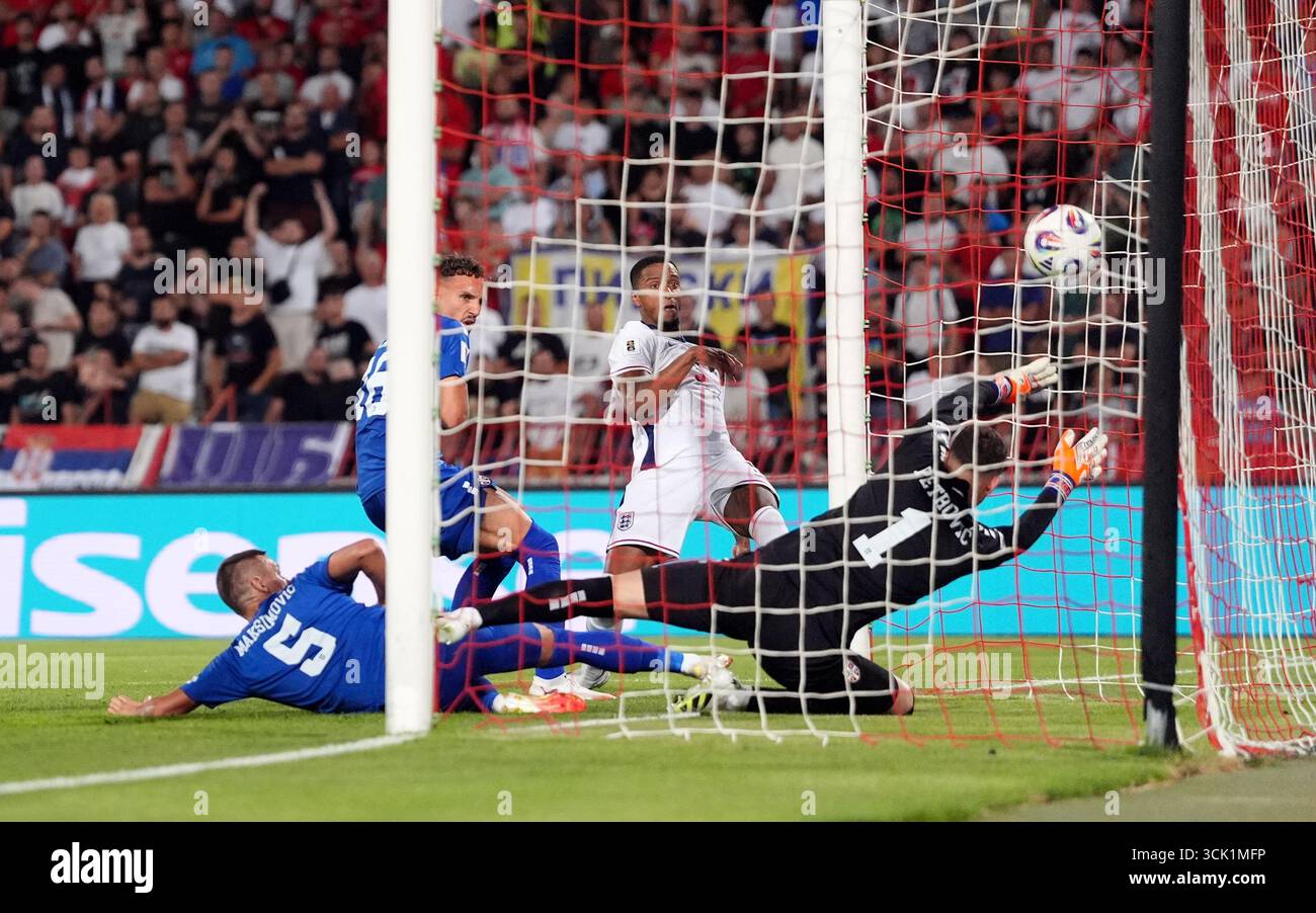 England's Ezri Konsa scores his sides third goal during the 2026 FIFA ...