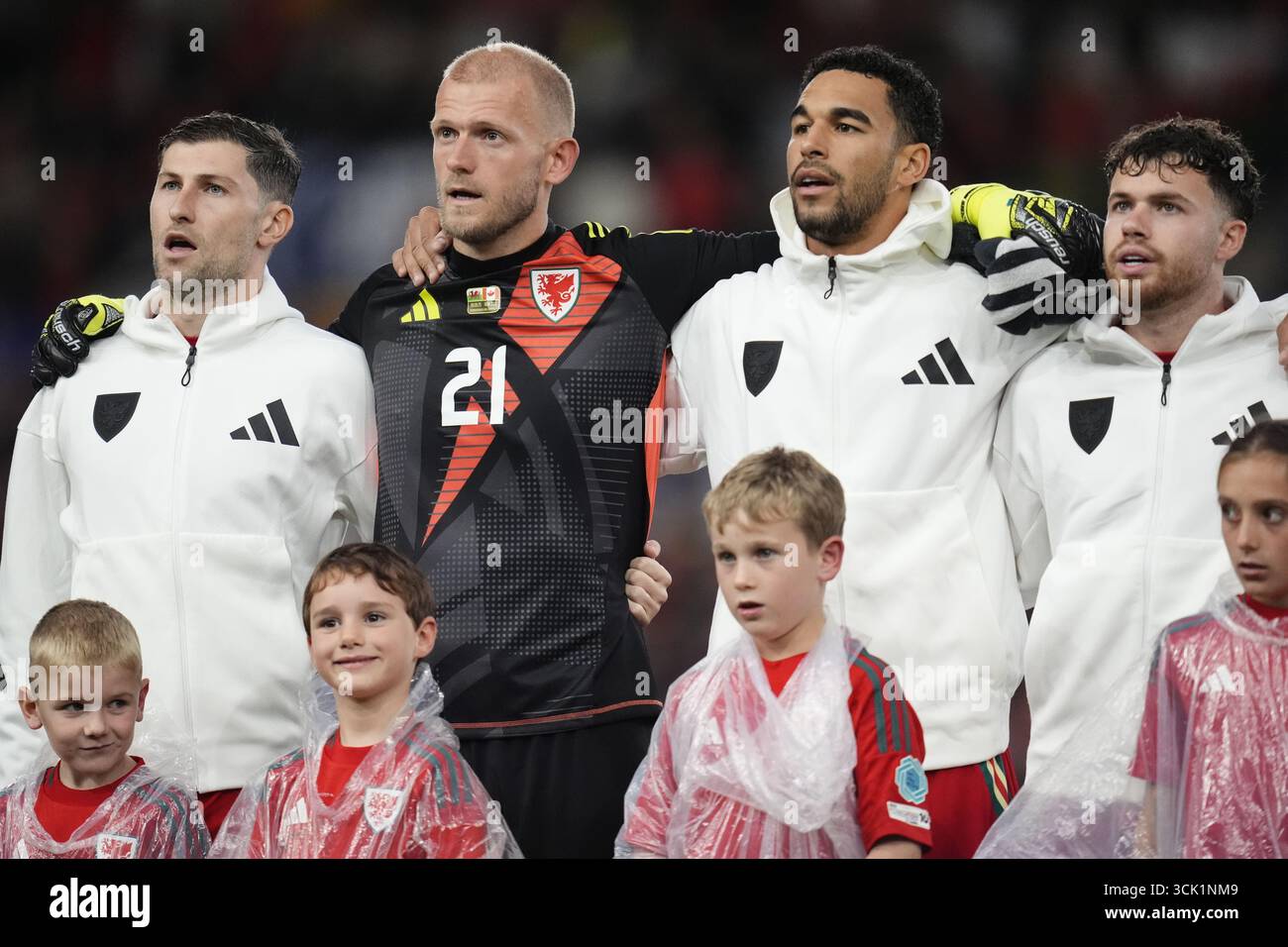 Wales' Ben Davies, goalkeeper Adam Davies, Ben Cabango and Neco ...