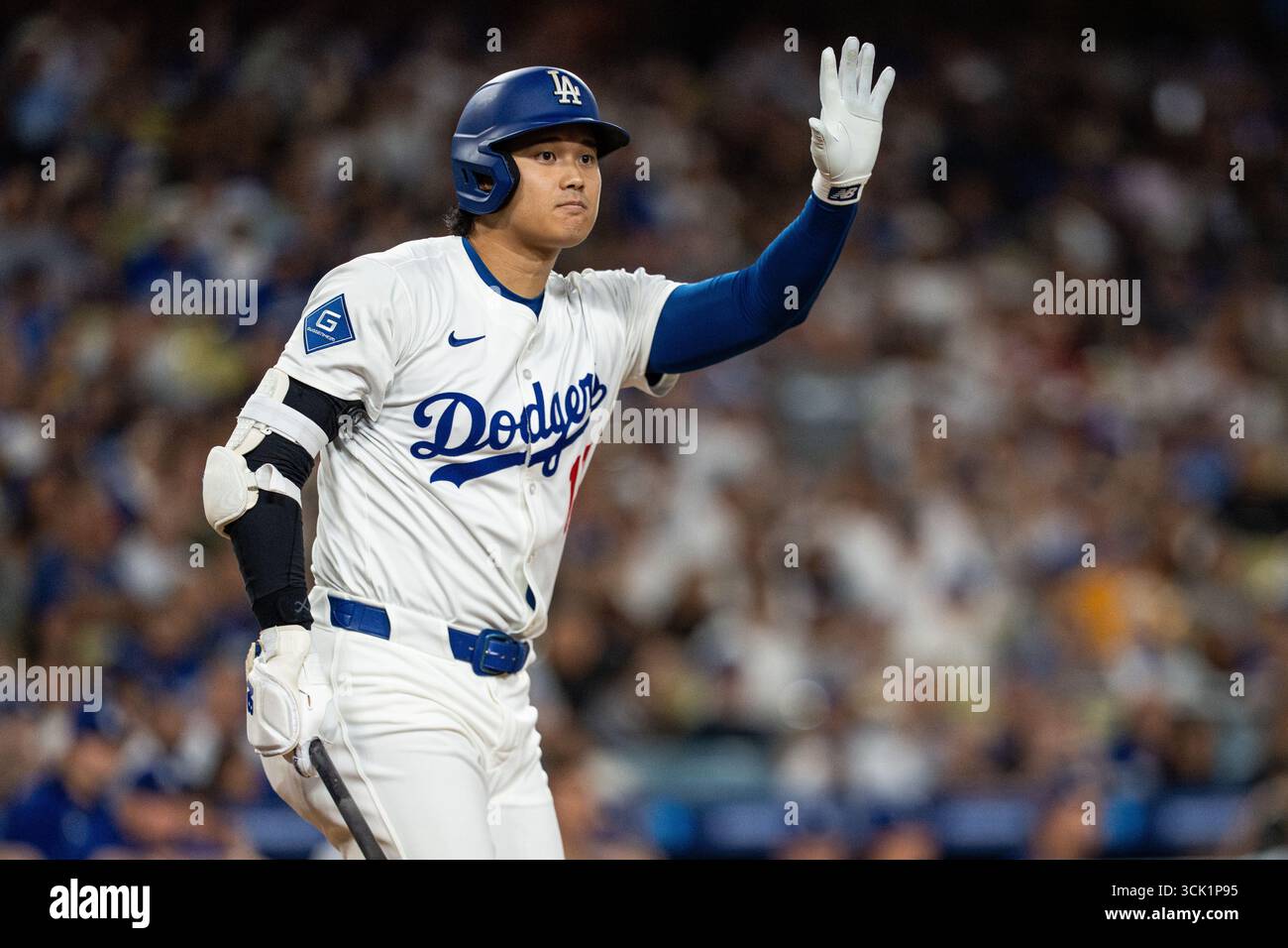 Los Angeles Dodgers two-way player Shohei Ohtani (17) reacts during a ...