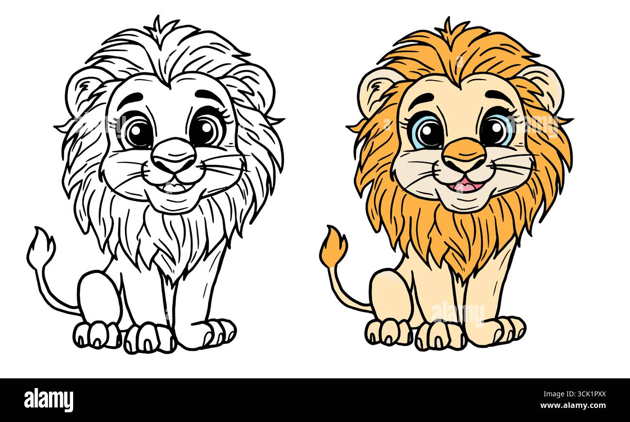 Funny lion cub with a fluffy mane and cute eyes, simple black and white ...