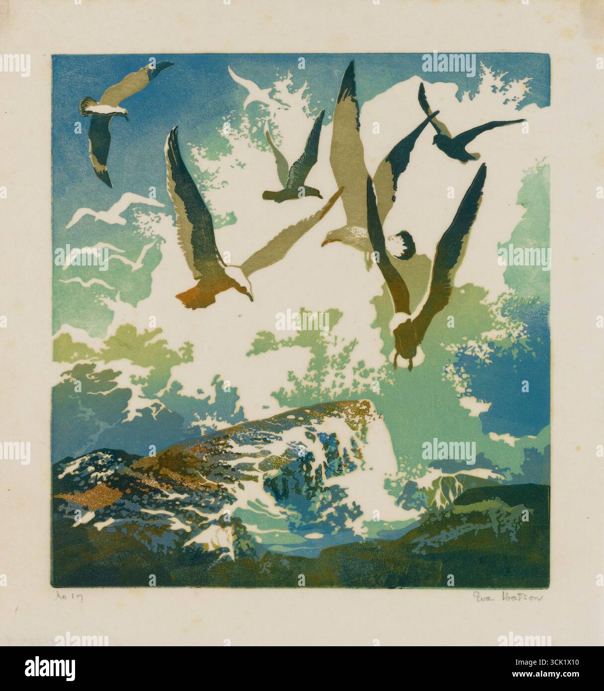 Eva Auld Watson, Gulls and Spray, color linoleum cut Stock Photo - Alamy
