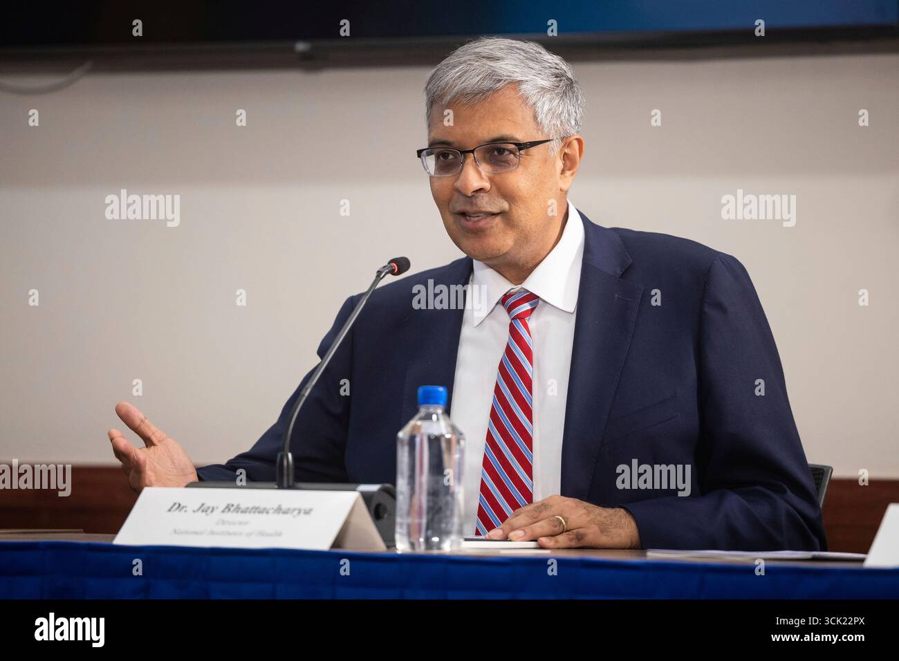 National Institutes of Health Director Jay Bhattacharya speaks during a ...