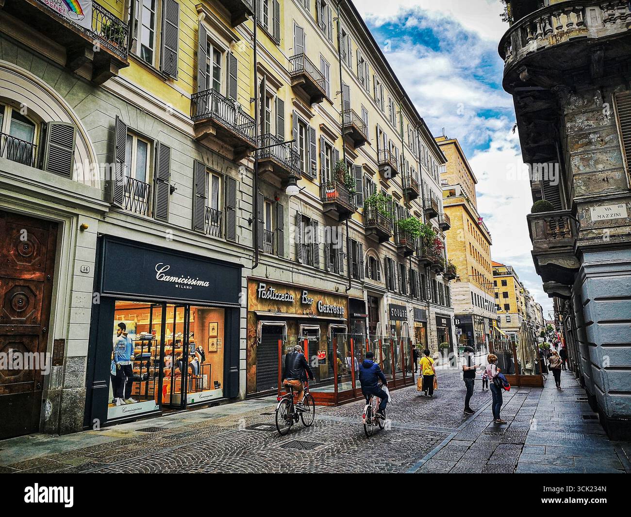 A street-level shot of the historic Via Lagrange in Turin, Italy. The ...