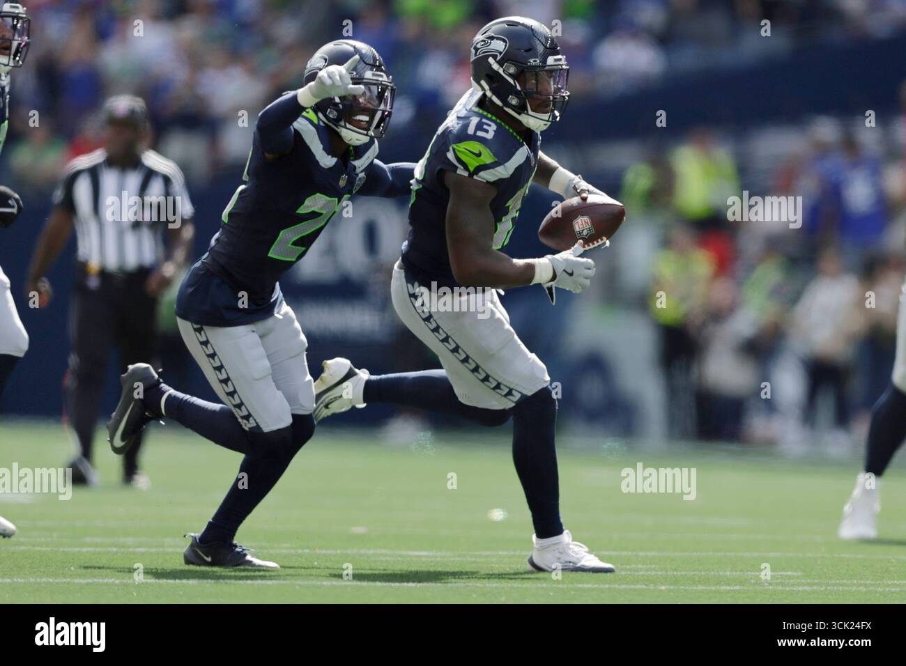 Seattle Seahawks linebacker Ernest Jones IV (13) celebrates his ...