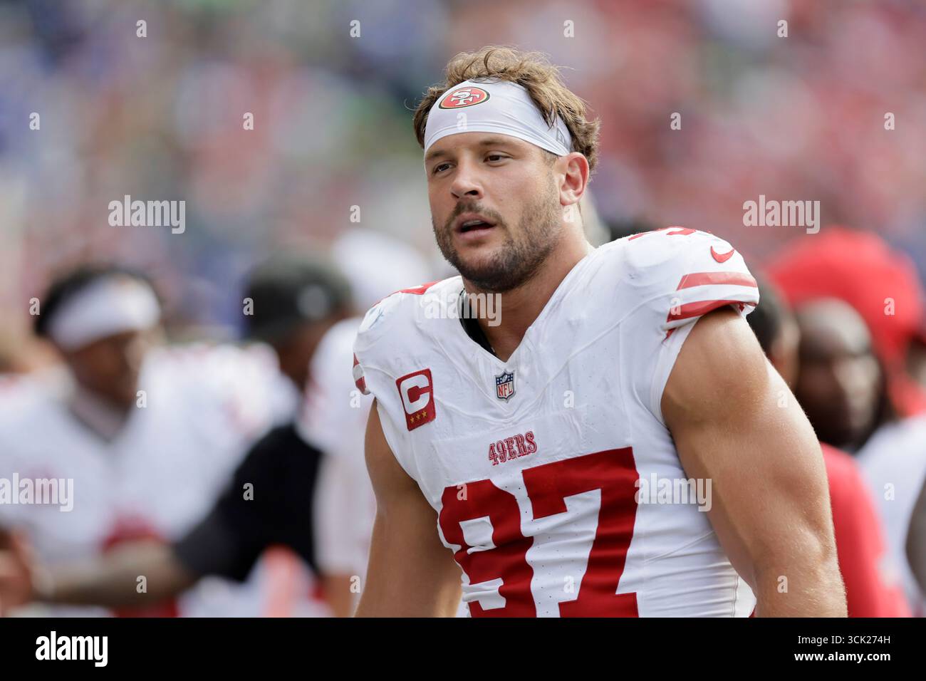 San Francisco 49ers defensive end Nick Bosa (97) walks in on the ...