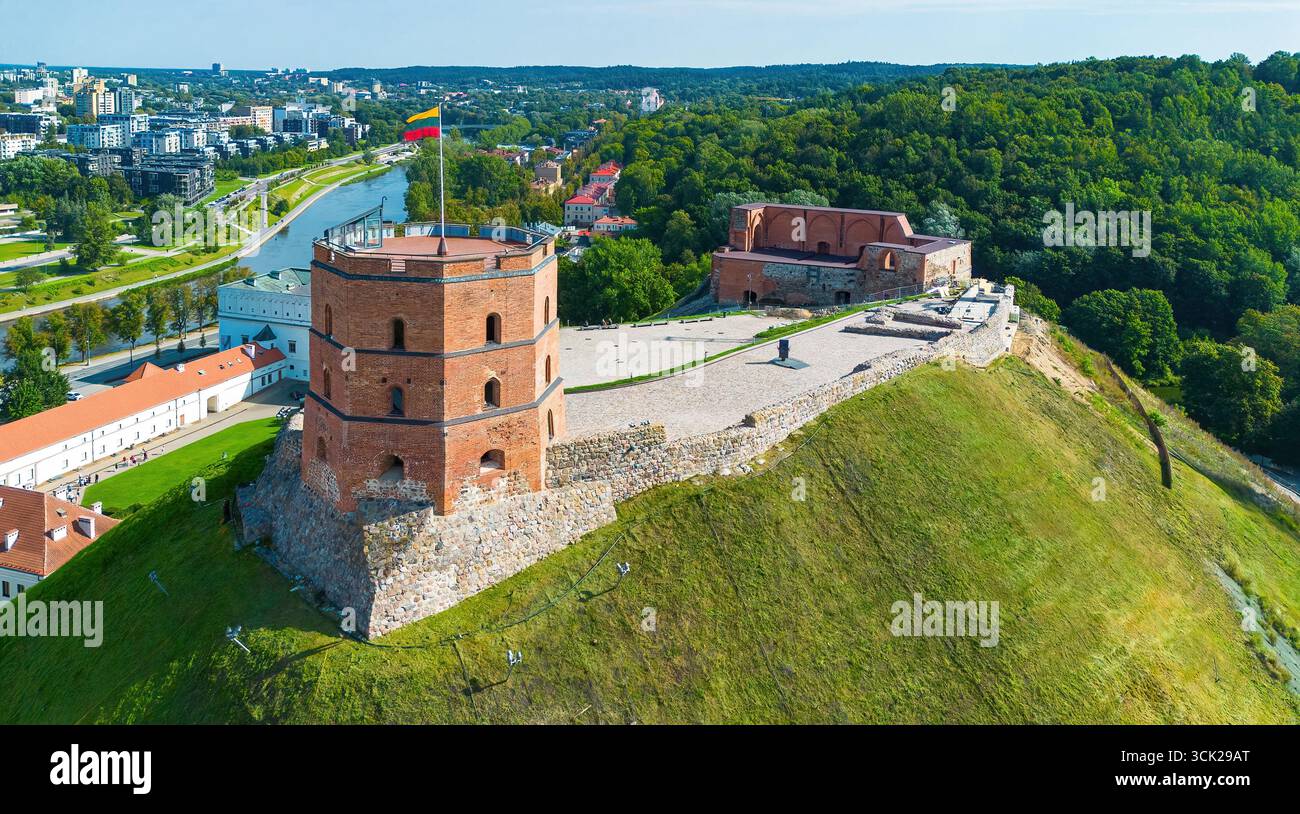 Aerial view of Gediminas Tower, a brick gothic defensive tower of the ...