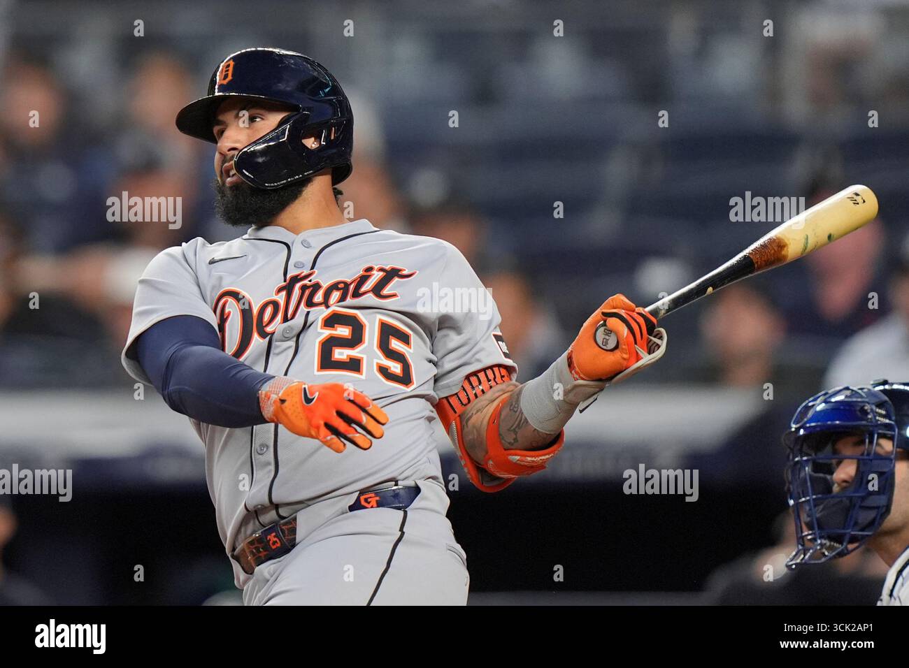 Detroit Tigers' Gleyber Torres follows through on a double during the ...