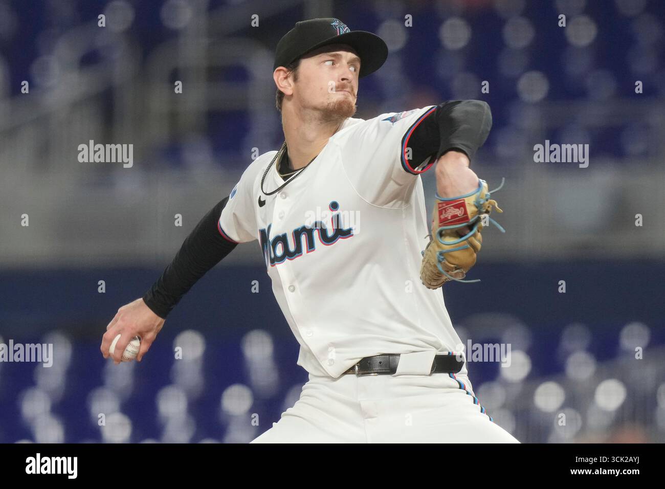 Miami Marlins pitcher Adam Mazur aims a pitch during the first inning ...