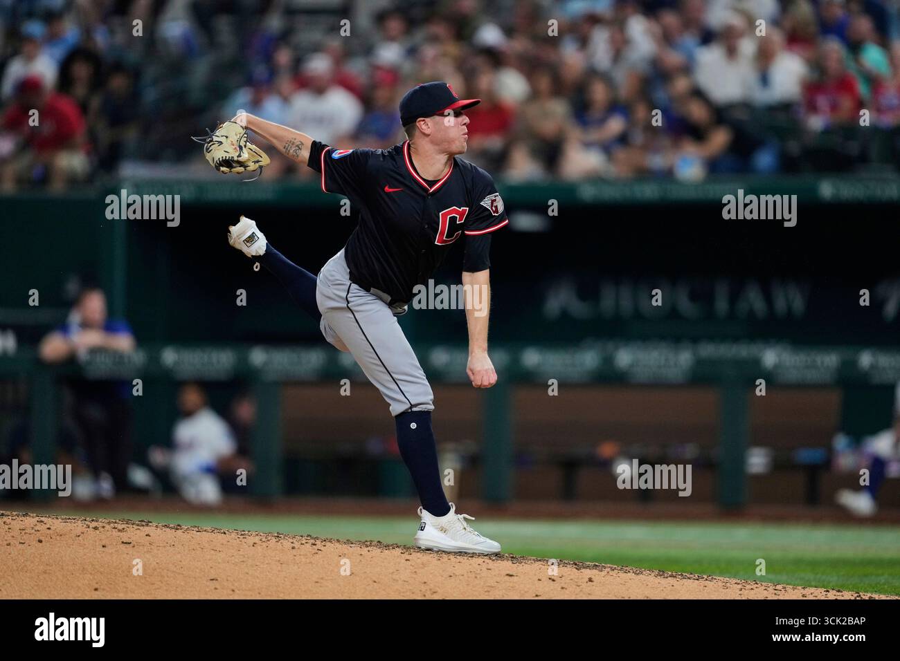 Cleveland Guardians relief pitcher Kolby Allard works against the Texas ...