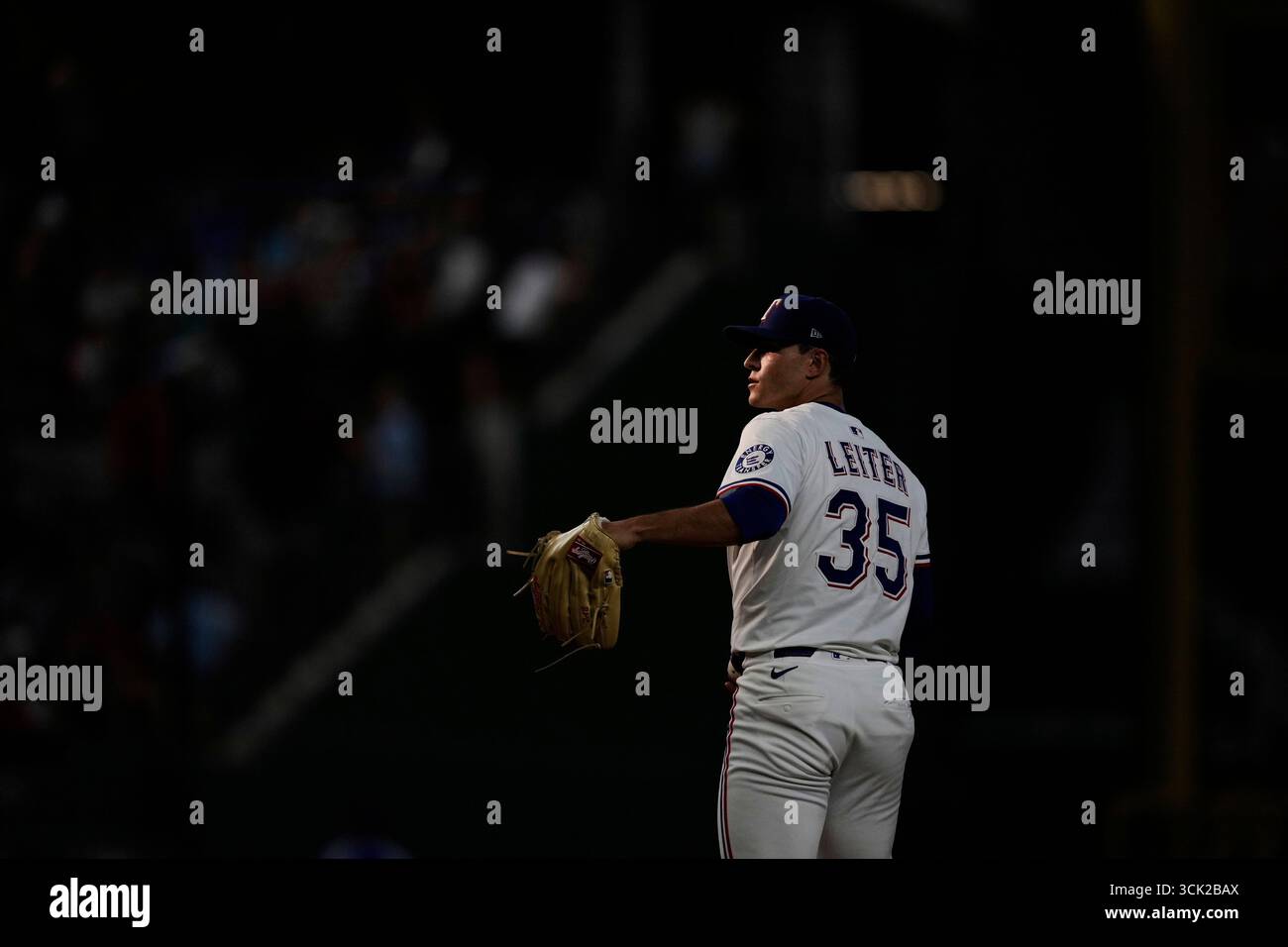Texas Rangers starting pitcher Jack Leiter works against the Cleveland ...