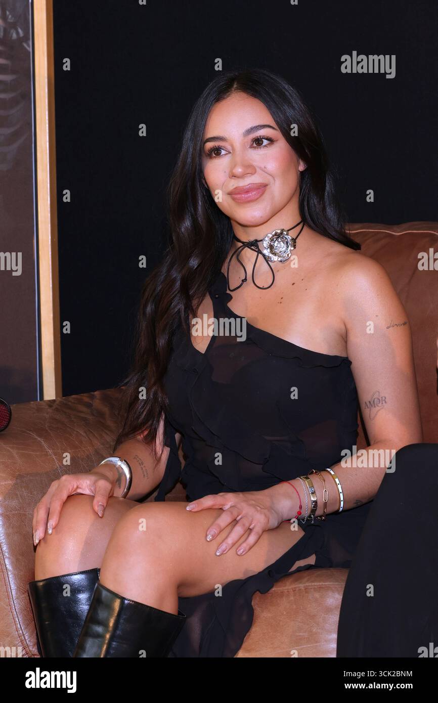 Jass Reyes, vocalist of Mexican band Playa Limbo looks on during a press conference to promote ...