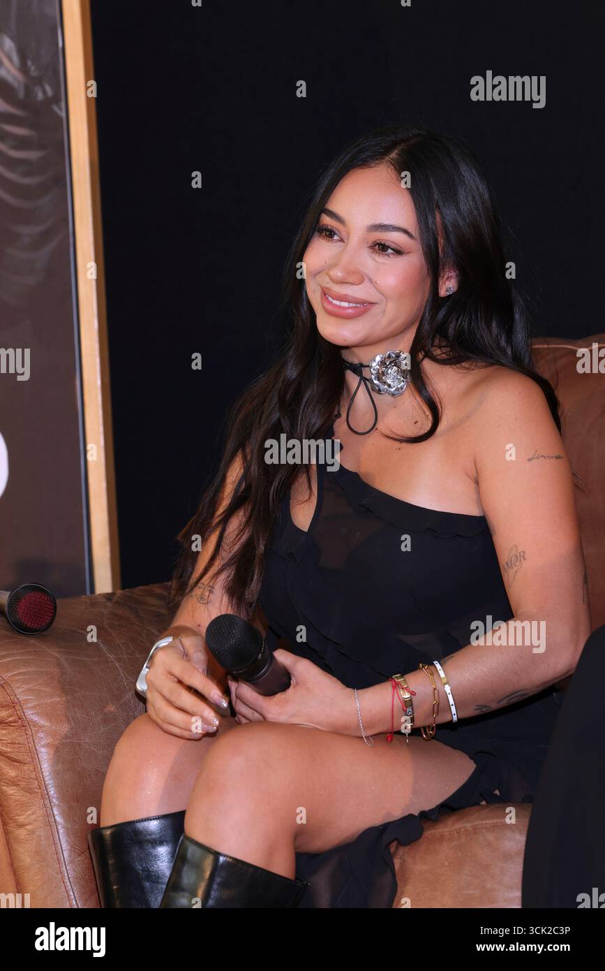 Jass Reyes, vocalist of Mexican band Playa Limbo speaks during a press conference to promote the ...
