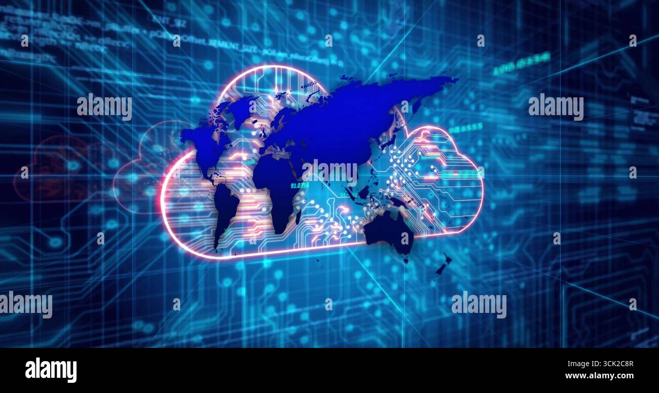 Glowing neon cloud icon showing data network on grid with nodes, world ...