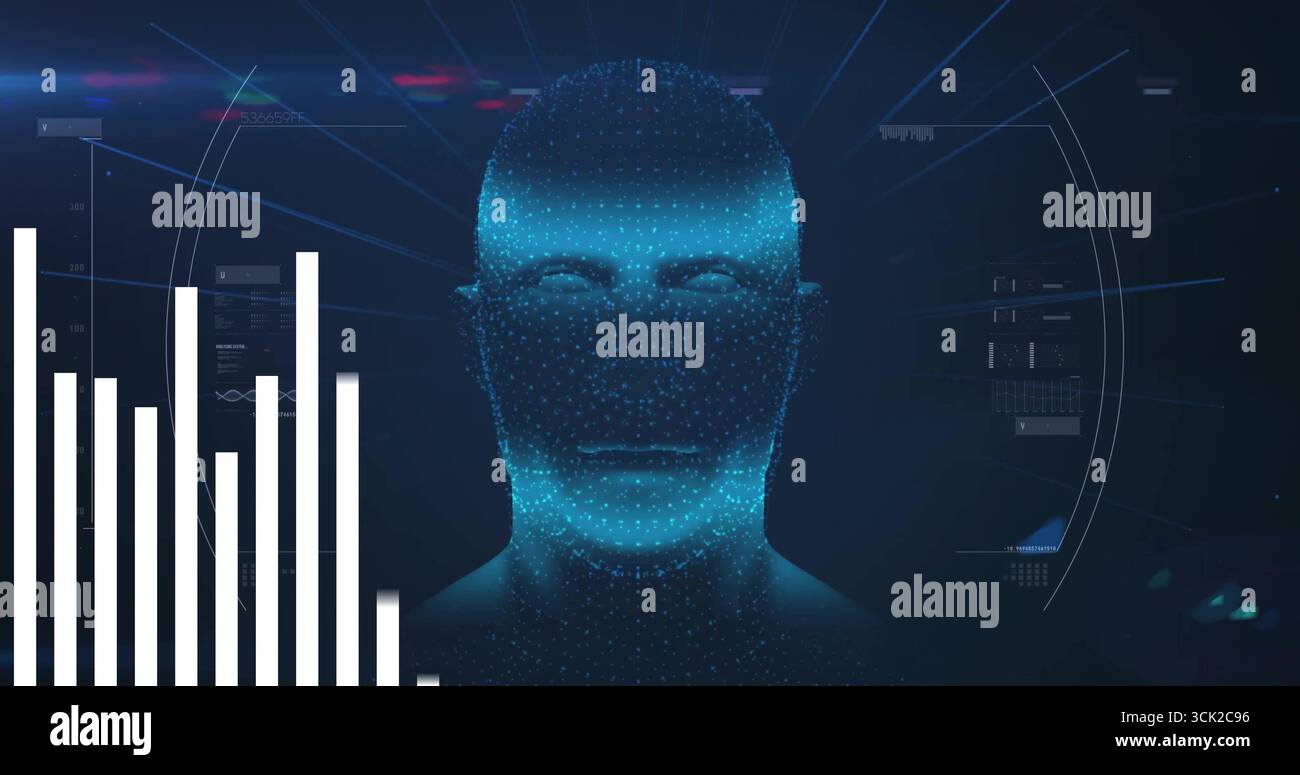 Floating digital head glowing with blue data points in data interface ...