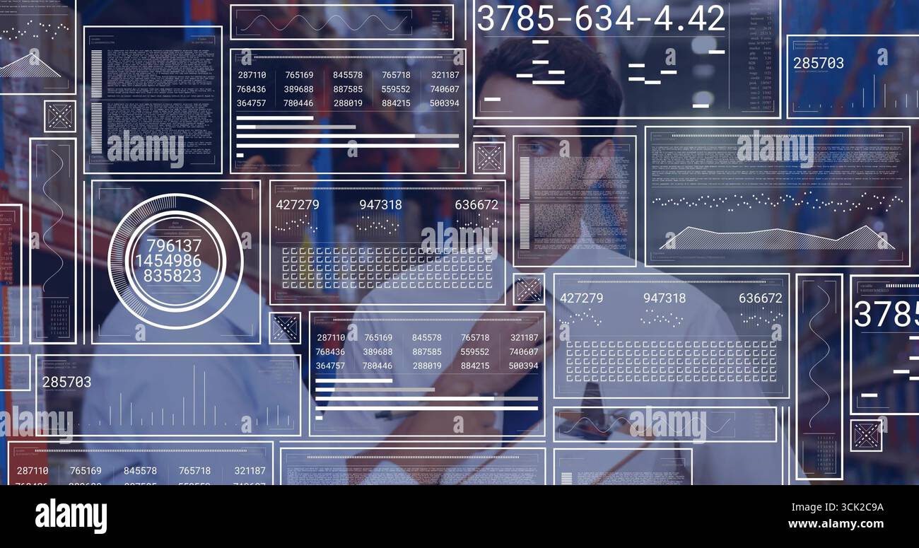 Analyzing colleagues studying transparent data interface in tech lab ...