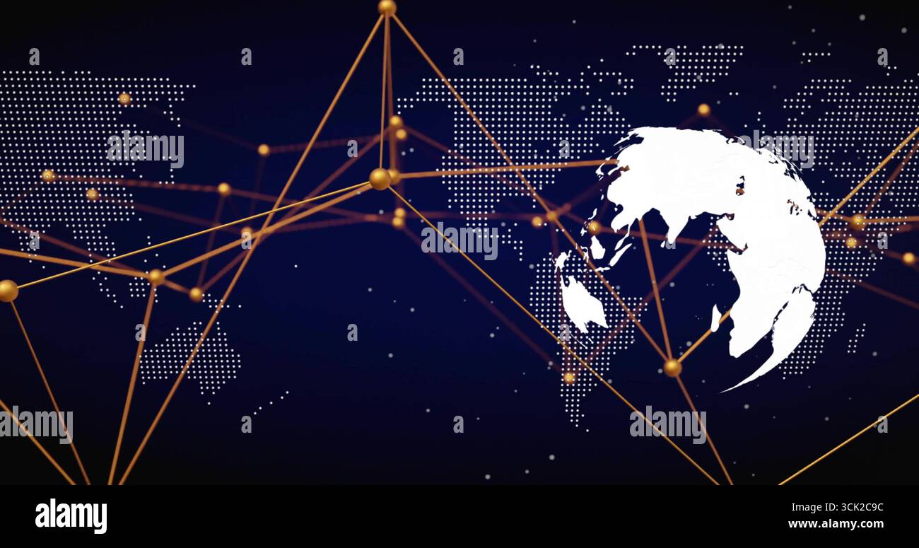 Displaying white Earth silhouette linking golden nodes and lines across ...