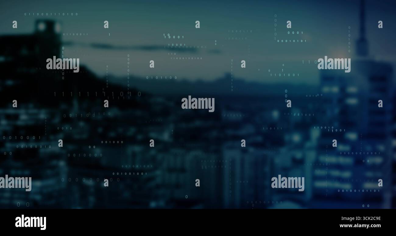 Floating digital binary code overlay shimmering over urban skyline at ...