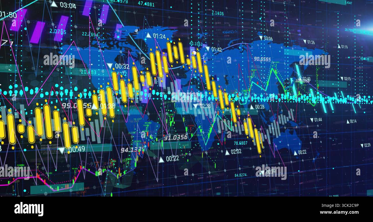 Yellow candlestick bars oscillating in digital trading dashboard, with ...