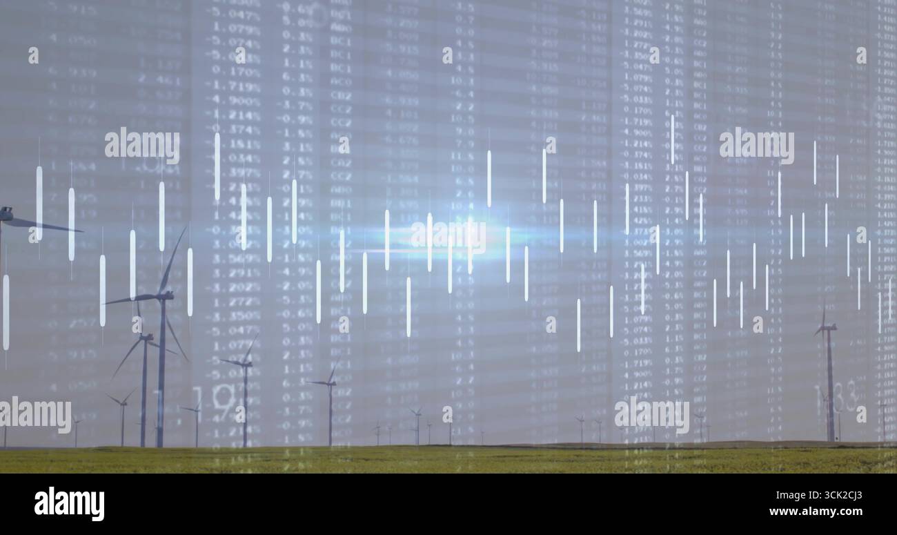 Rotating wind turbine overlaying digital financial data showing ...