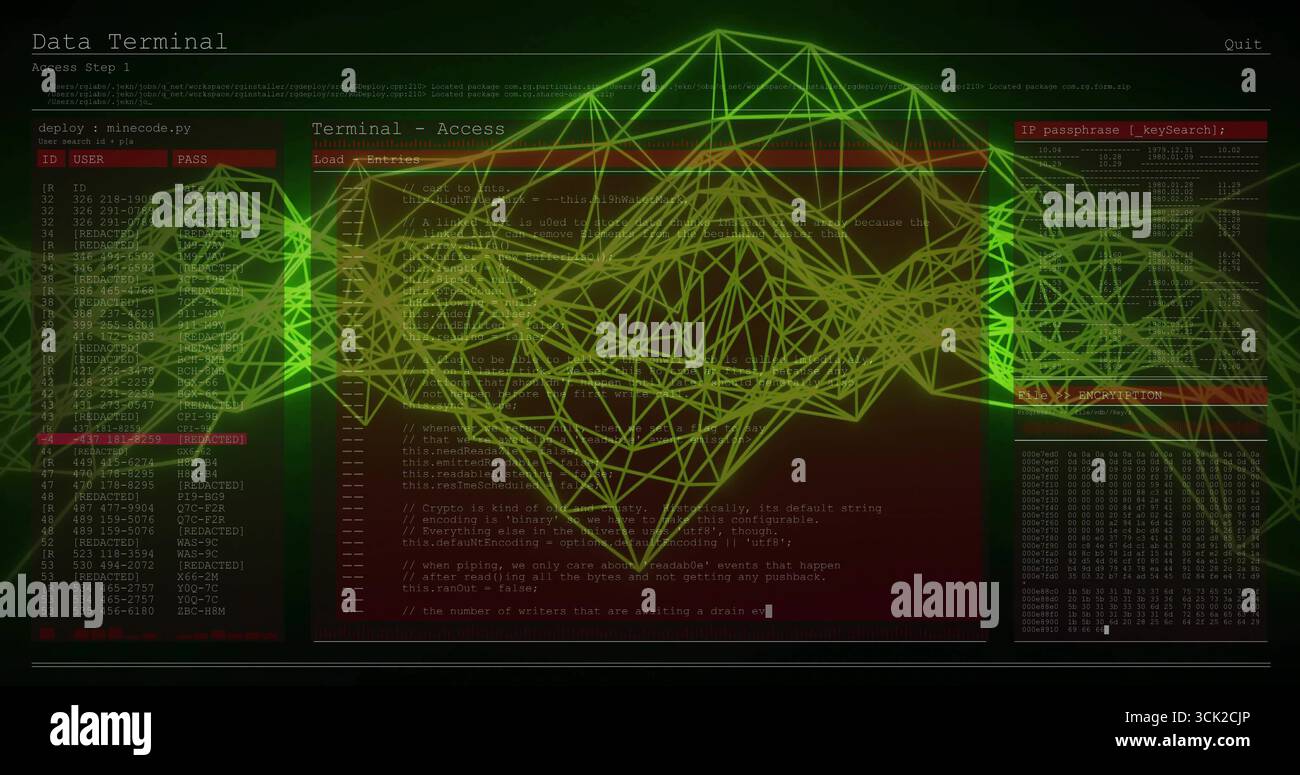 Displaying green-yellow wireframe on console, with terminal windows showing code and login ...
