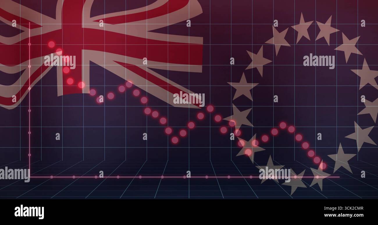 Displaying dotted red downward-trending line graph on 3D grid floor ...