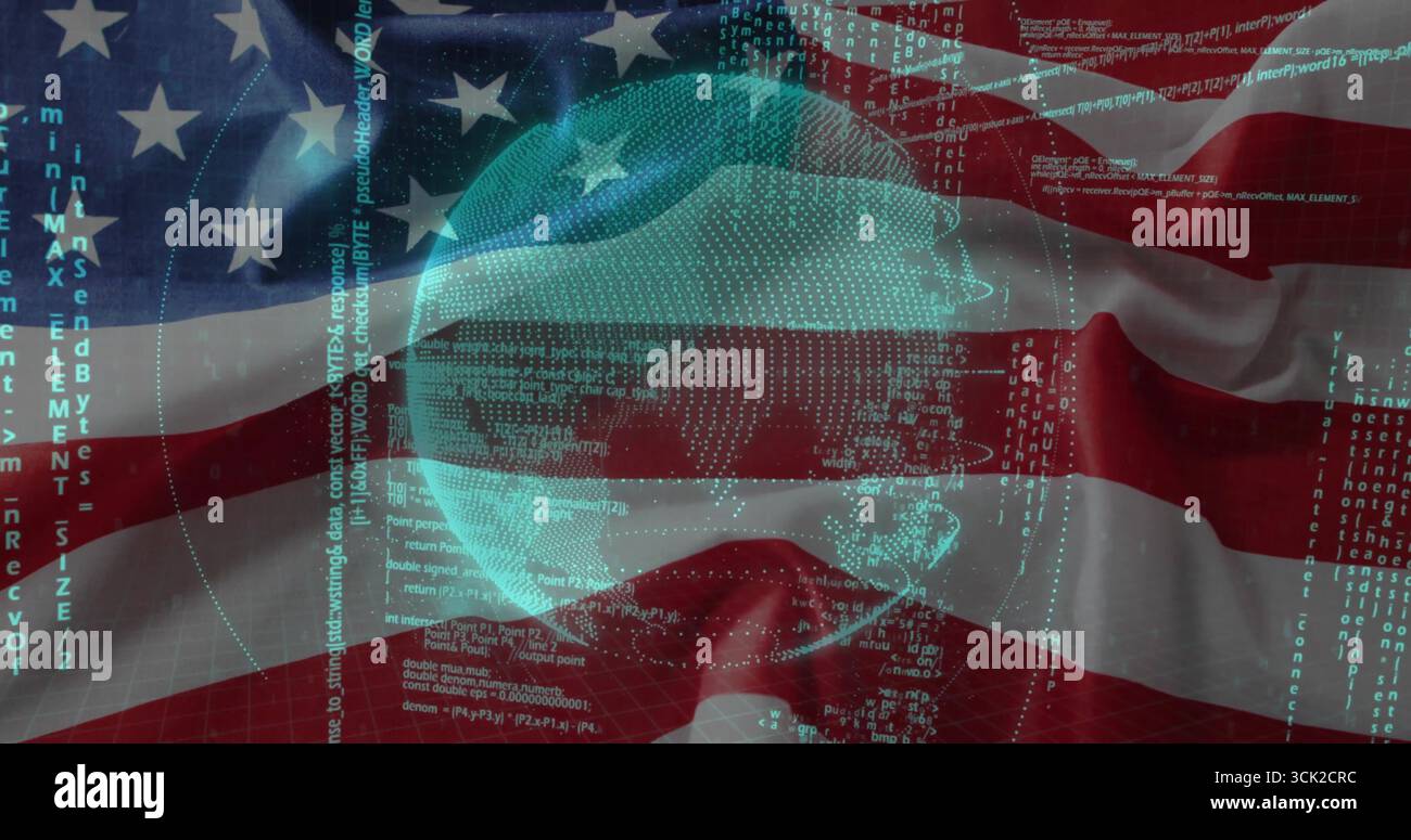 Displaying hologram globe floating in digital backdrop, with American ...