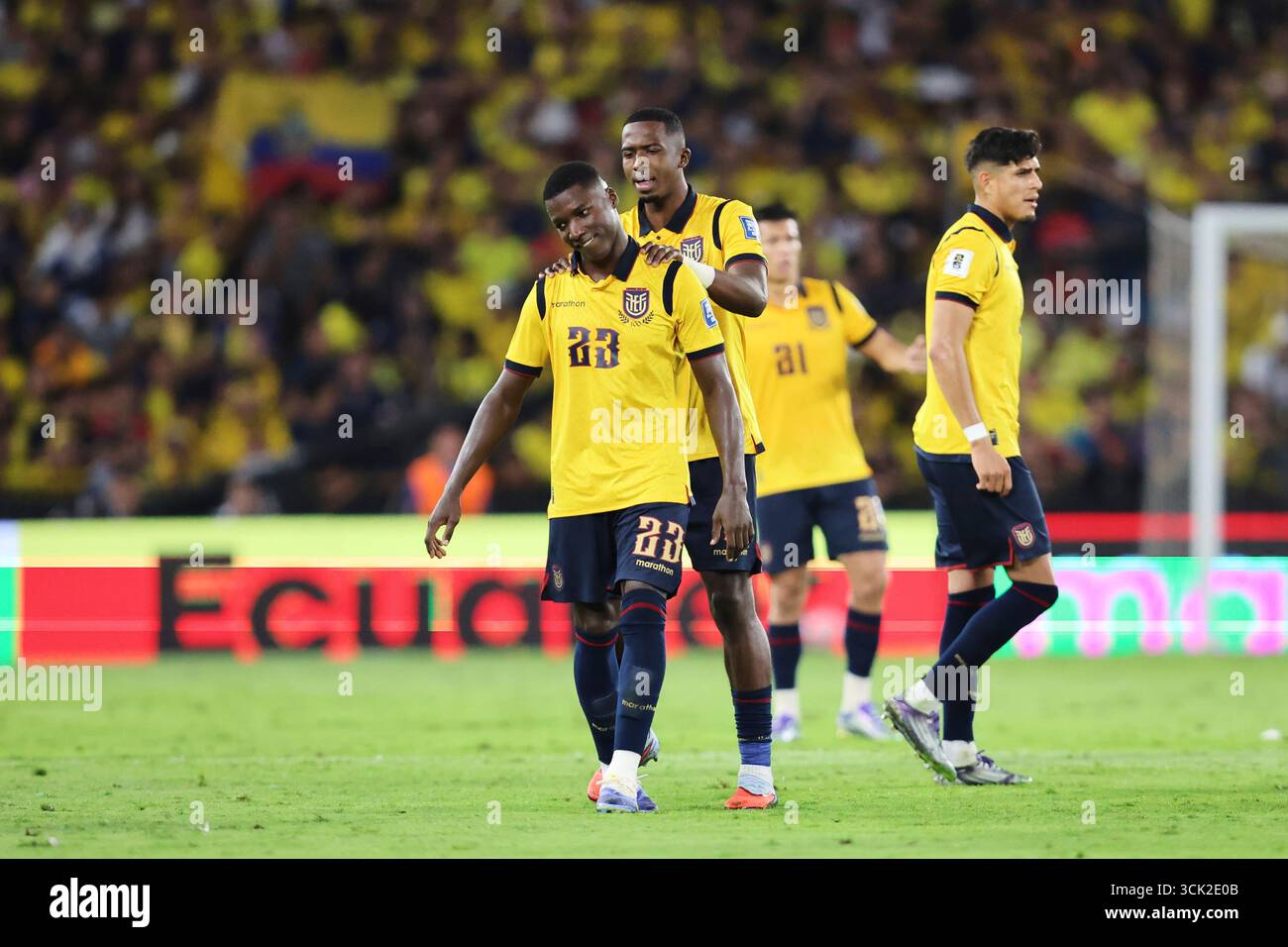 Ecuador's Moises Caicedo (23) leaves the field after receiving a red ...