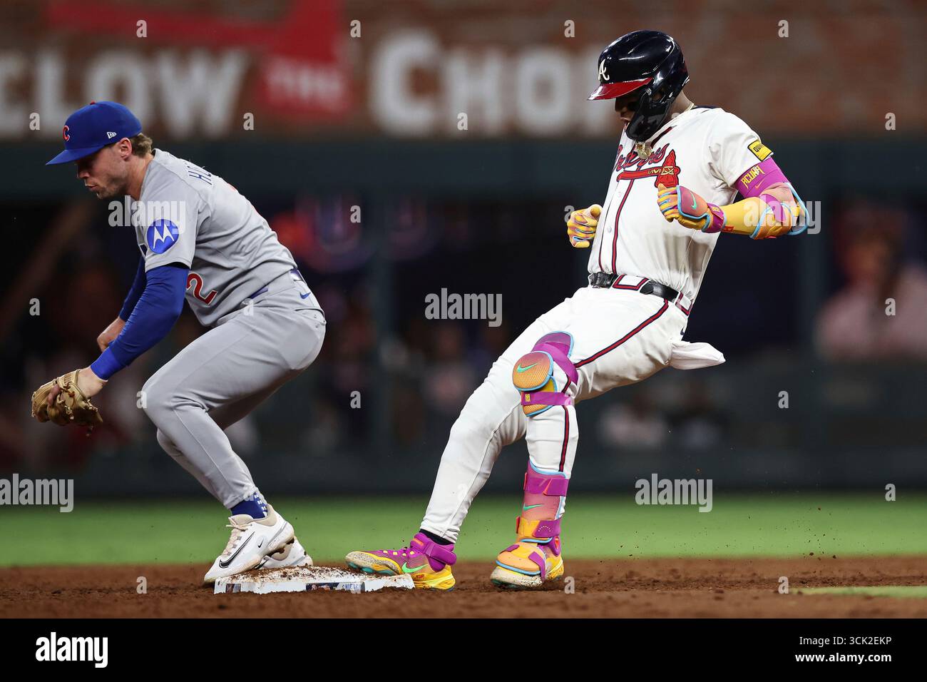 Atlanta Braves' Ronald Acuña Jr. (13) beats a throw to second base ...