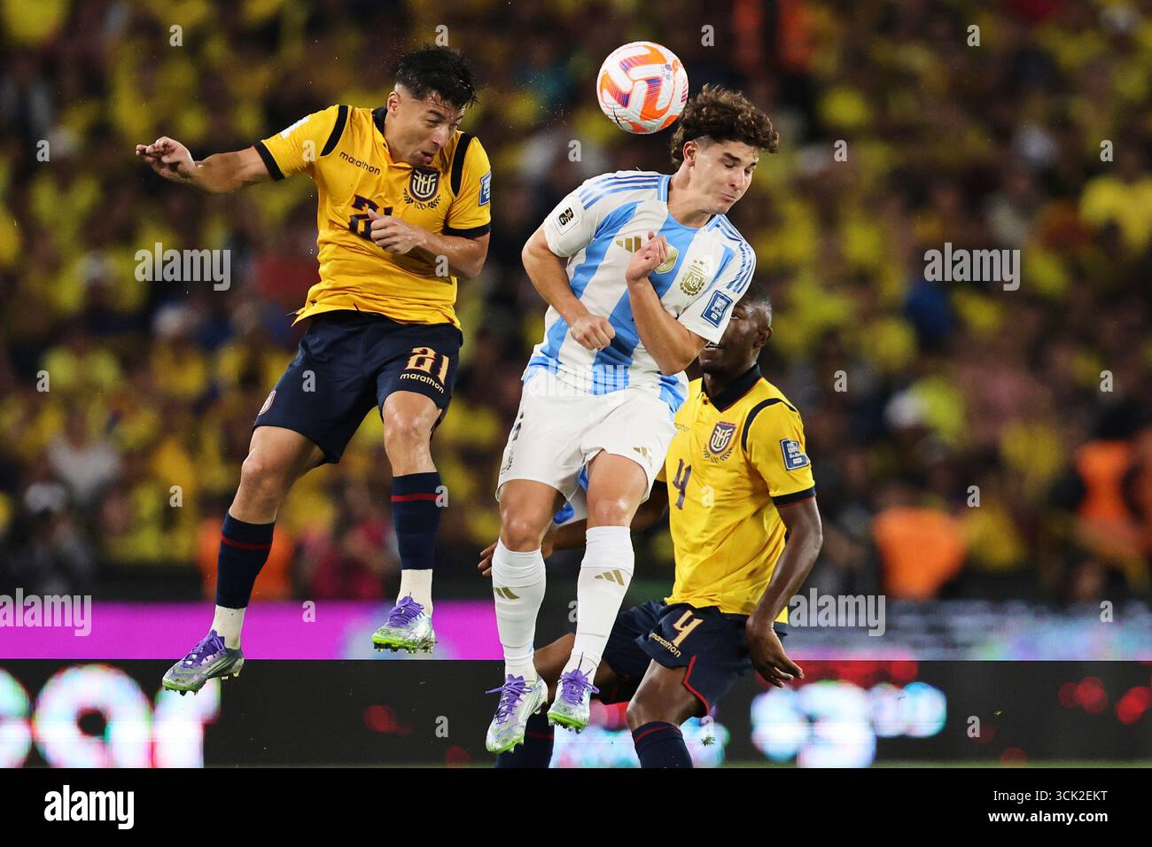 Ecuador's Alan Franco (21) and Argentina's Julian Alvarez go for a ...