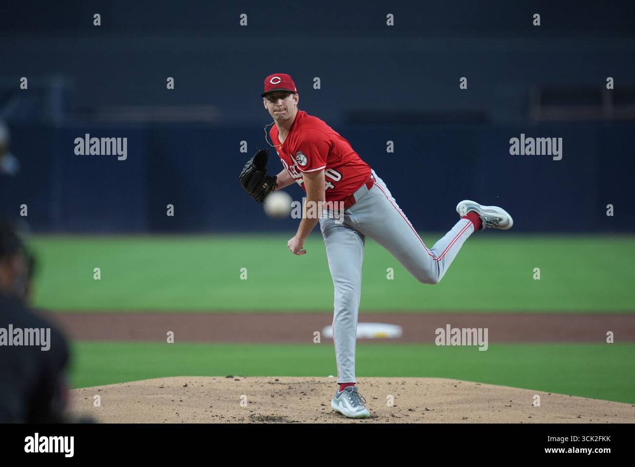 Cincinnati Reds starting pitcher Nick Lodolo works against a San Diego Padres batter during the ...