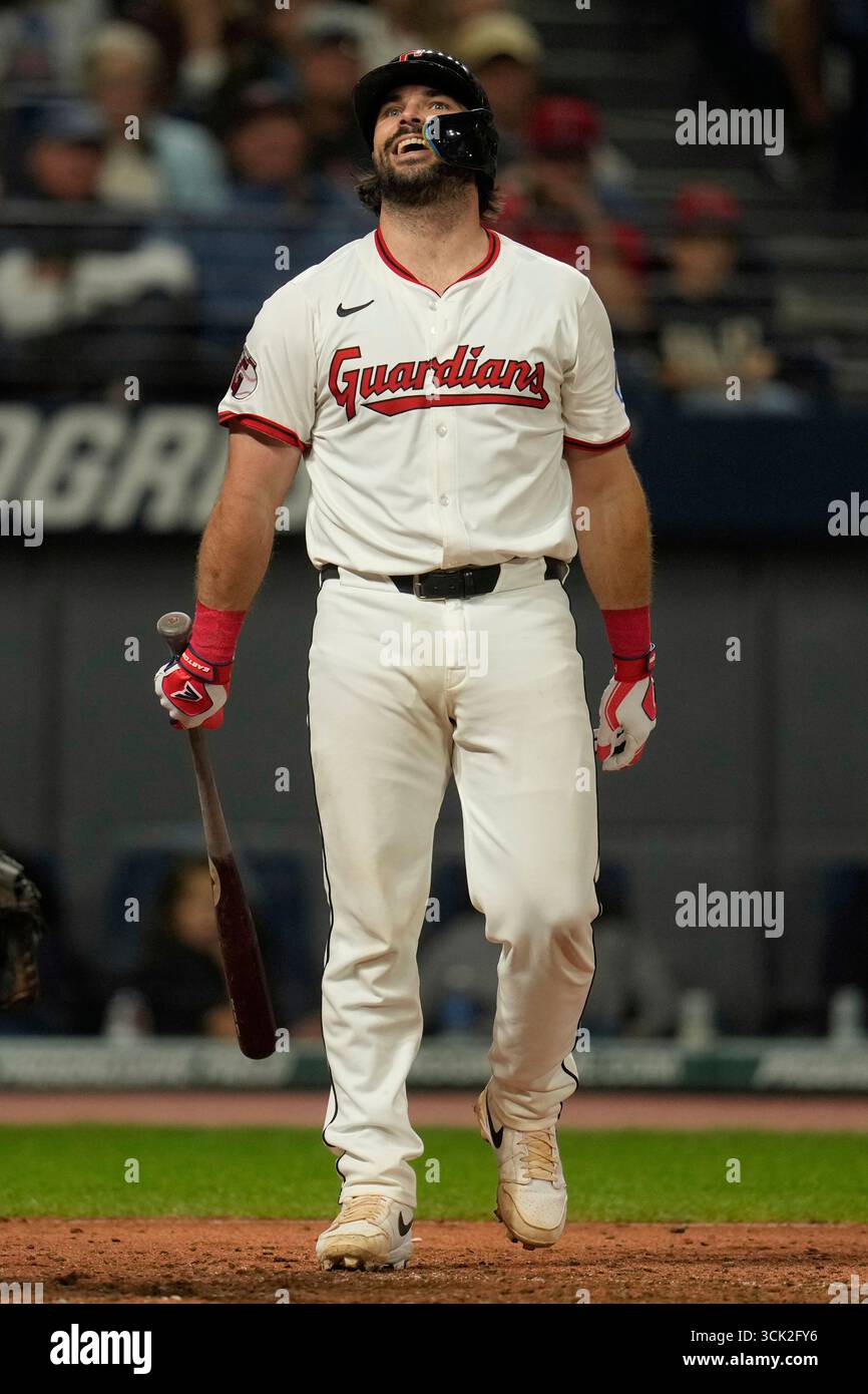 Cleveland Guardians' Austin Hedges reacts after being called out on ...