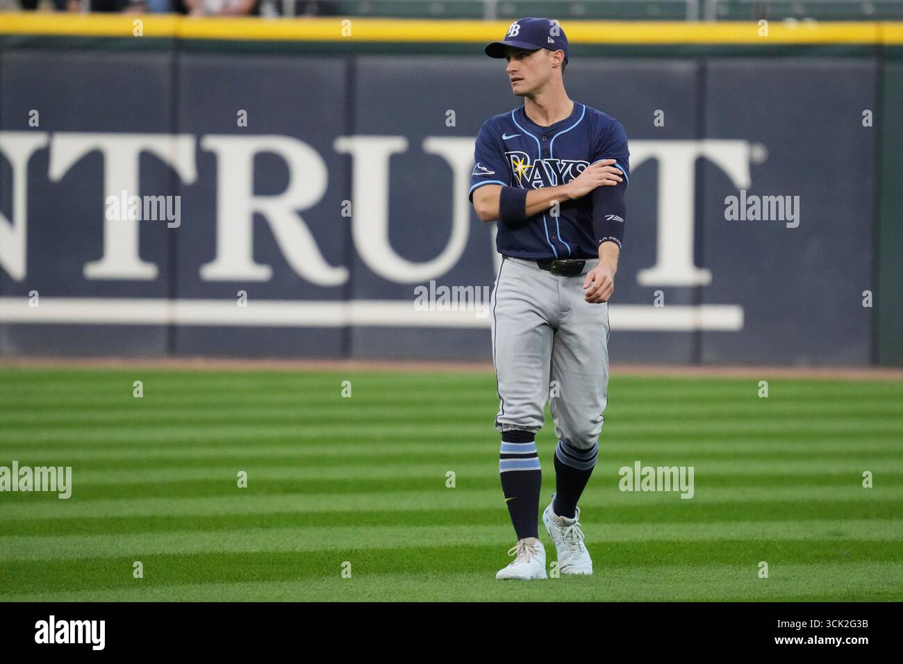 Tampa Bay Rays' Jake Mangum walks on the field before a baseball game ...