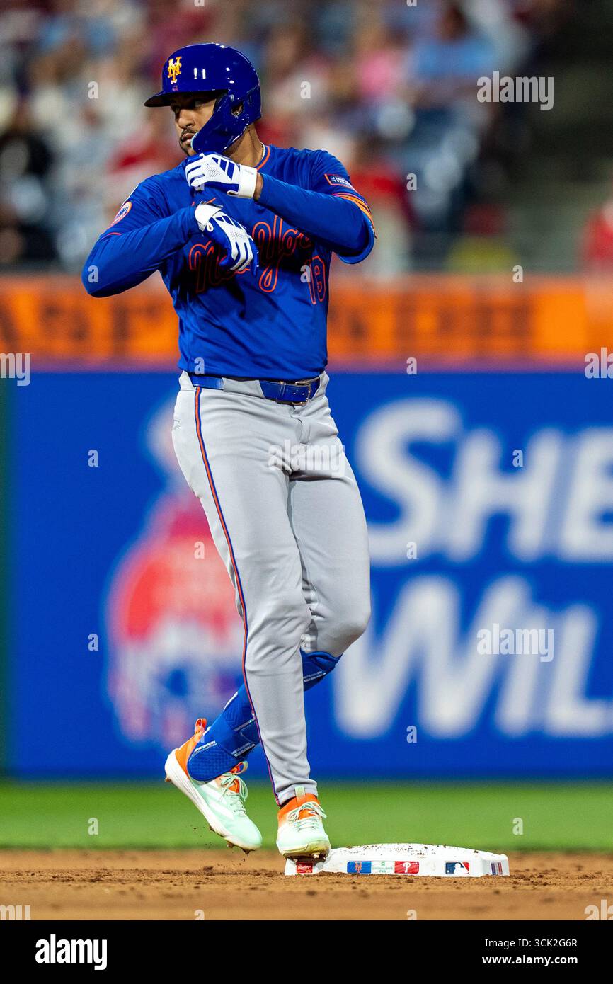 New York Mets' Jose Siri reacts to hitting a double during the eighth ...