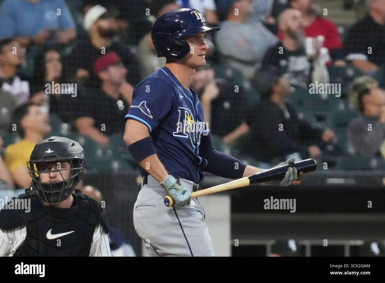 Tampa Bay Rays' Jake Mangum looks to the field after hitting a foul ...