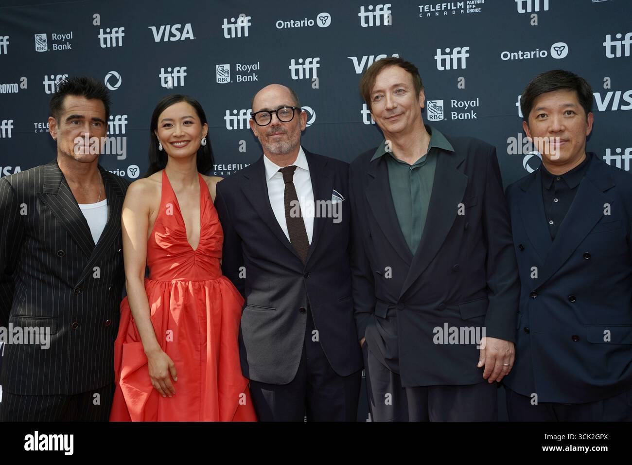 (L-R) Colin Farrell, Fala Chen, Edward Berger, Volker Bertelmann and Dan Lin attend the red ...