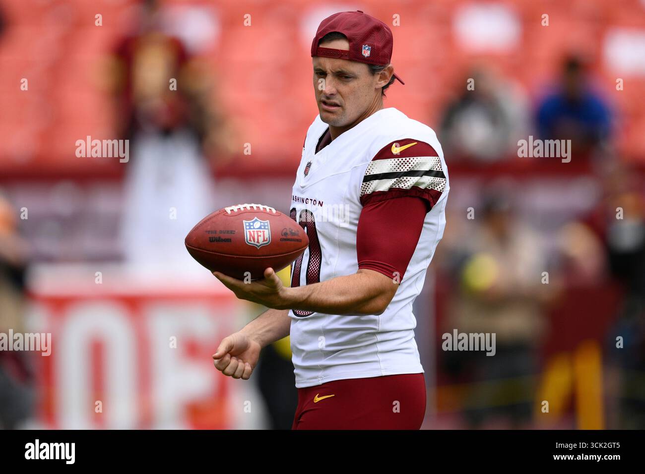 Washington Commanders punter Tress Way (10) warms up before an NFL ...