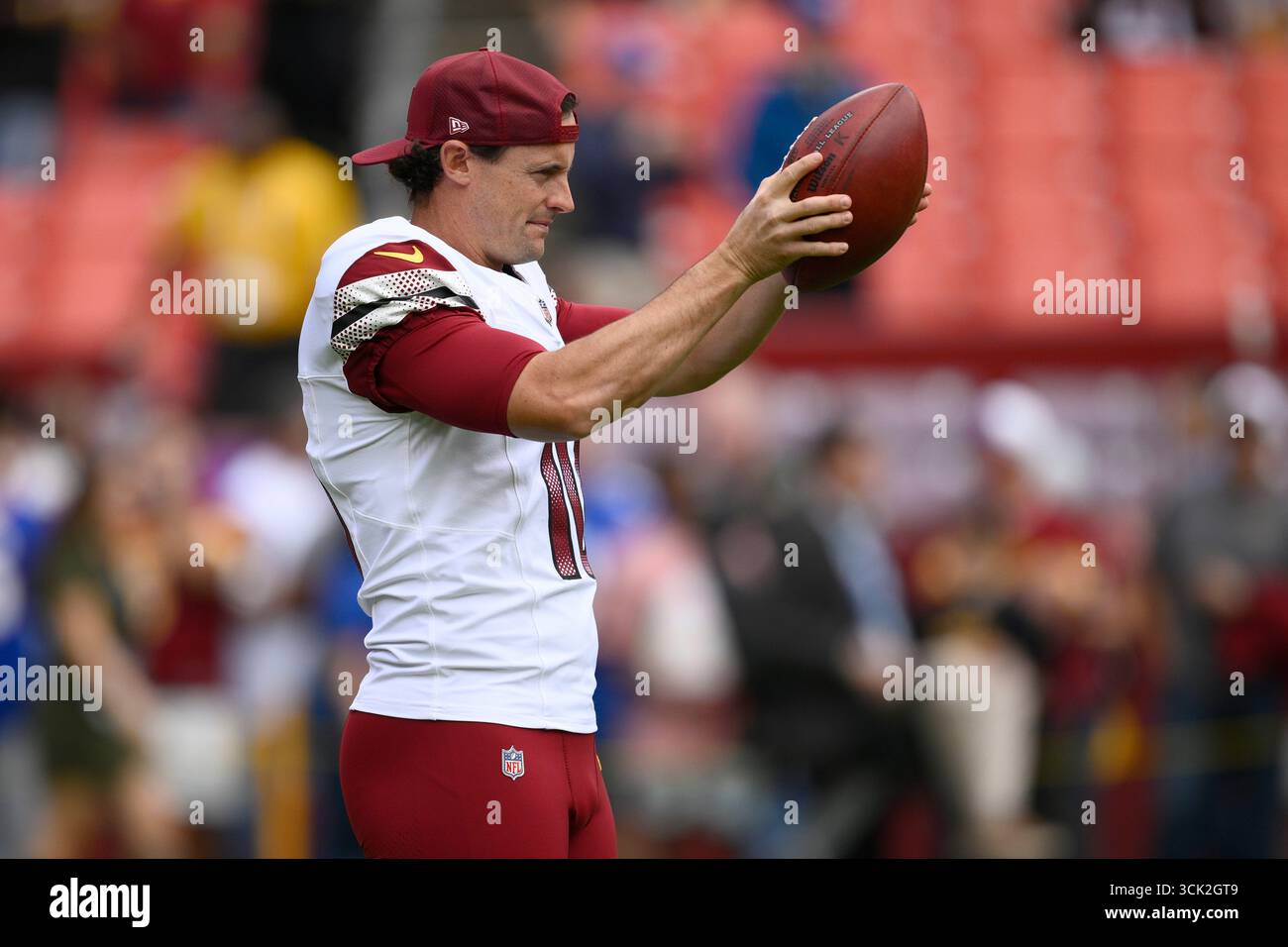 Washington Commanders punter Tress Way (10) warms up before an NFL ...