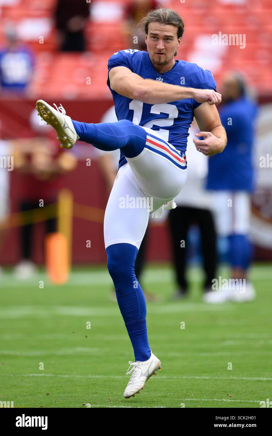 New York Giants punter Jamie Gillan (12) warms up before an NFL ...