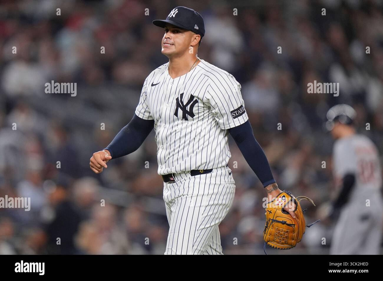 New York Yankees pitcher Fernando Cruz leaves during the seventh inning ...